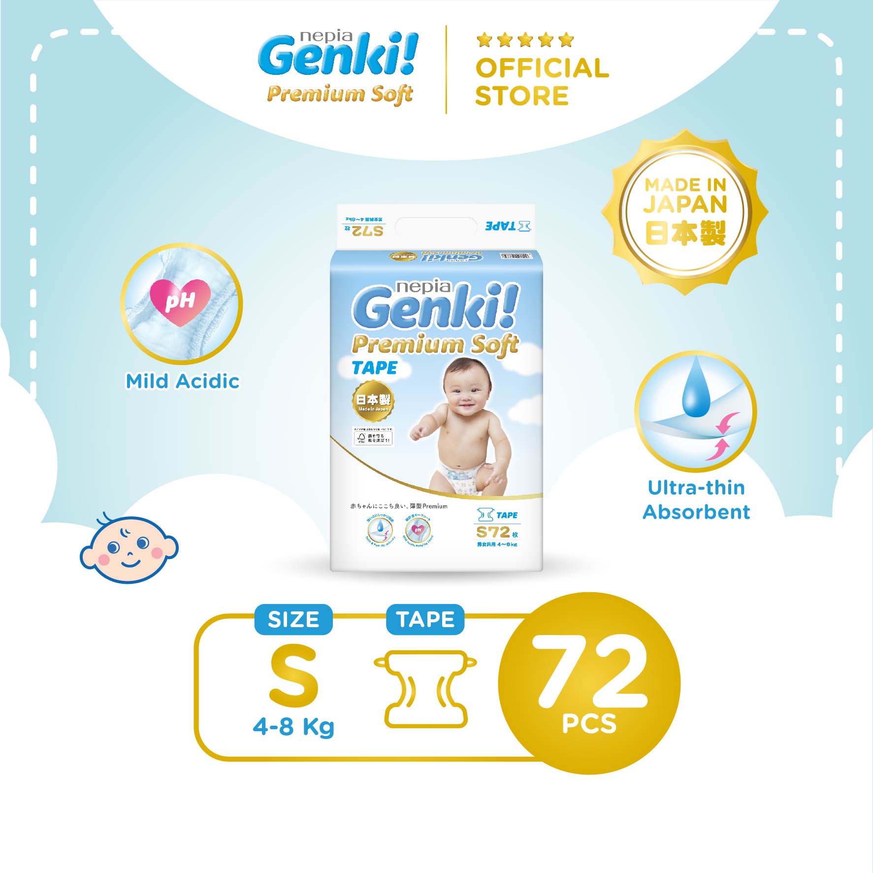Nepia Genki Popok Bayi Tape / Perekat Bayi Diapers Premium Soft S72 ...